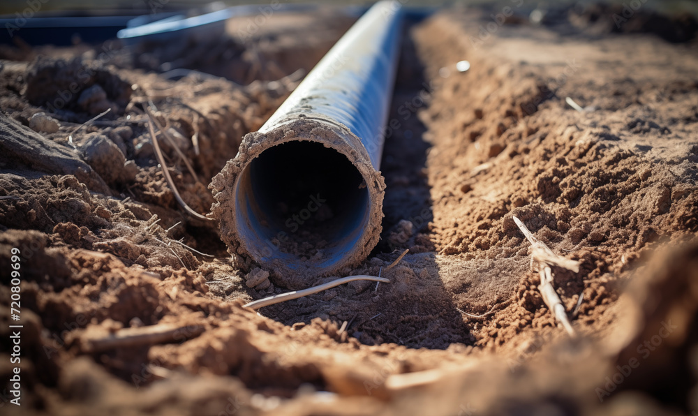 A detailed view of a pipes partially buried in the dirt. This image can ...