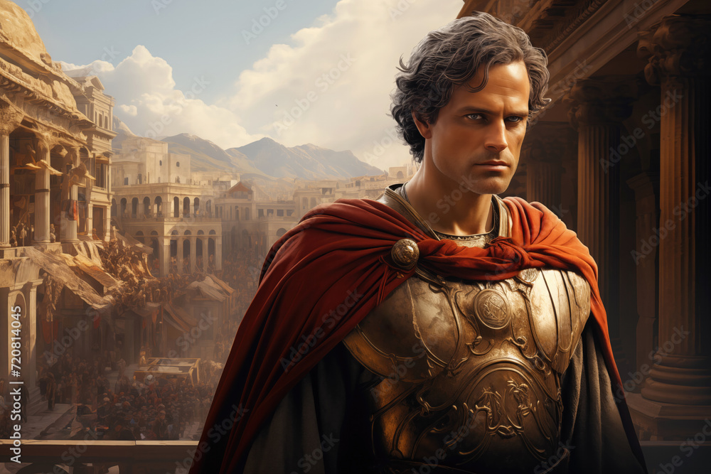 Portrait of stoic Roman emperor in detailed armor surveys his empire ...