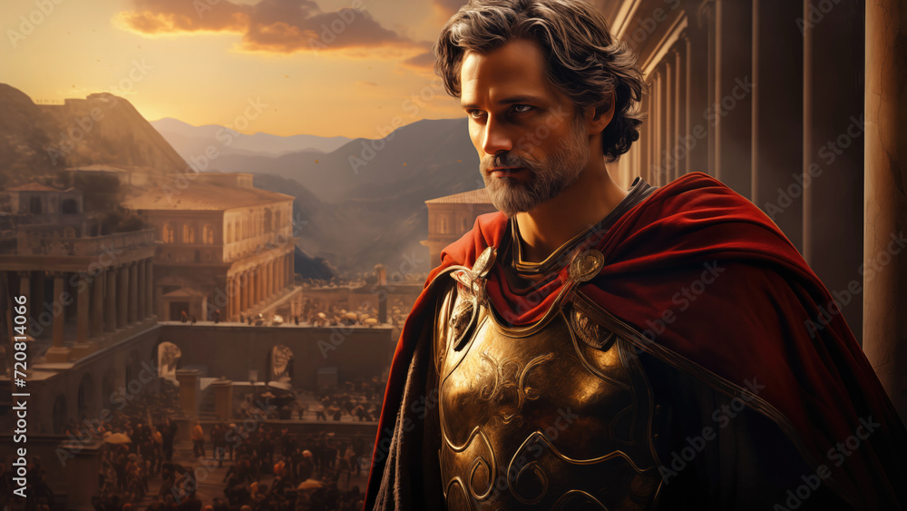 Portrait of stoic Roman emperor in detailed armor surveys his empire ...