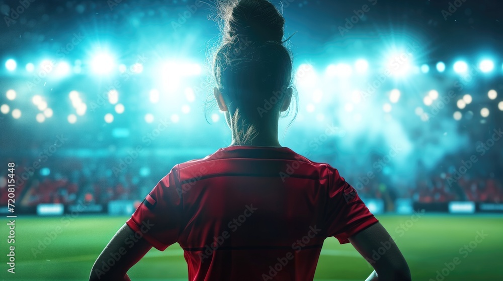 Back view of female soccer player facing stadium lights at night Stock ...