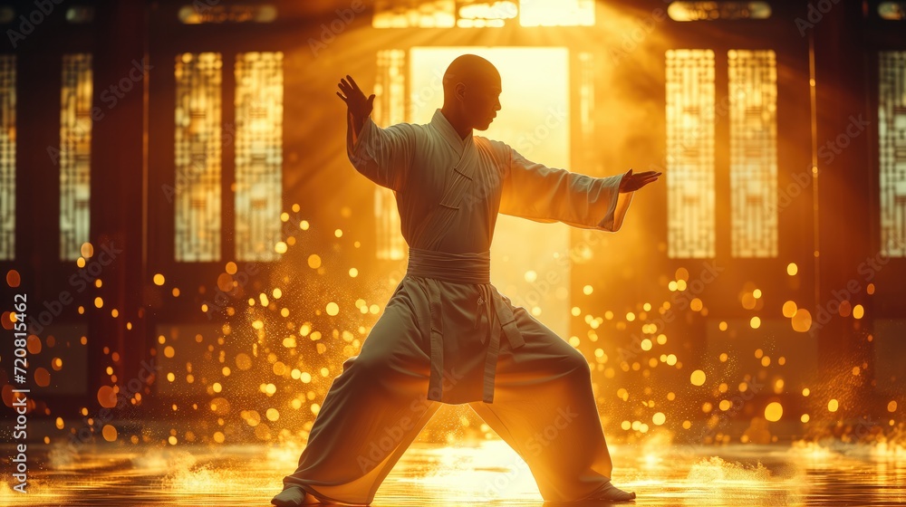 Portrait of kung fu master executes a powerful martial arts stance ...