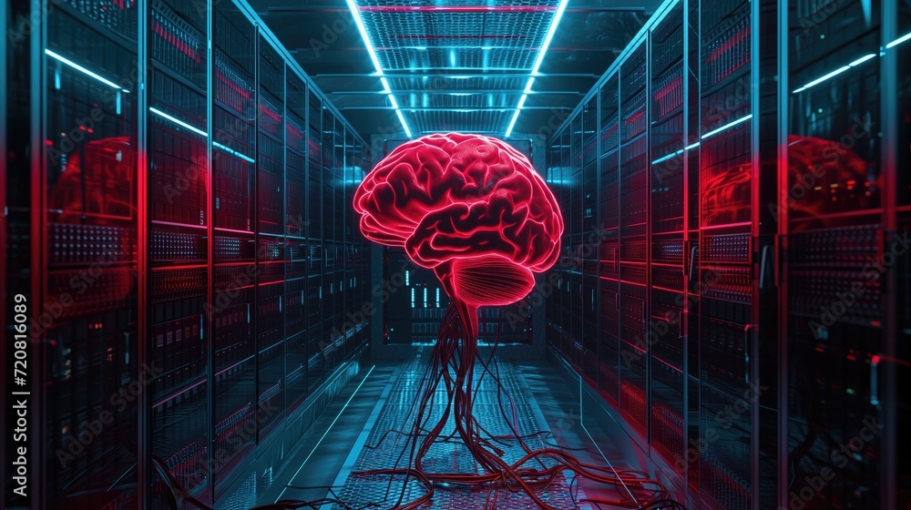 Evil red AI brain in data center server room. Danger of strong ...