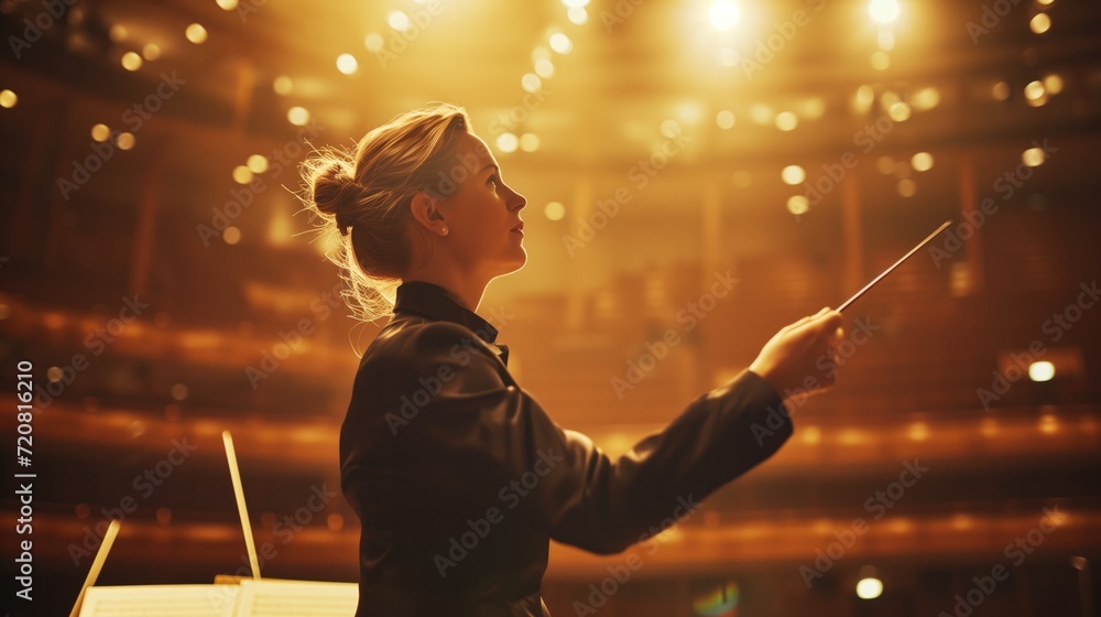 Female conductor leads an orchestra, baton in hand, under dramatic ...
