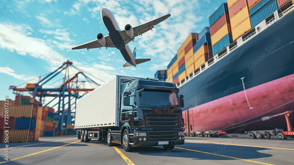 Global logistics with semi-truck, cargo ship docked at port and ...