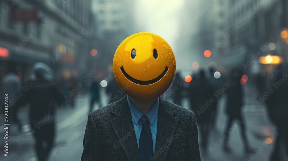 Man in a suit with large smiley face emoticon or emoji as a head ...