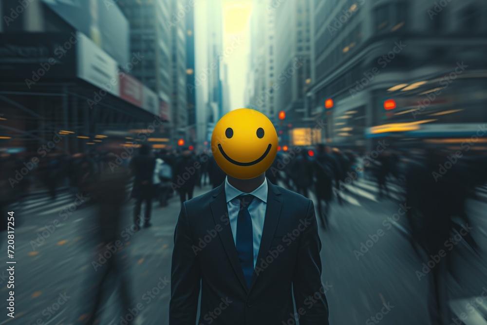 Man in a suit with large smiley face emoticon or emoji as a head ...