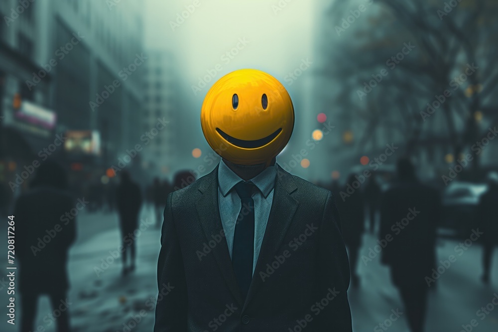 Man in a suit with large smiley face emoticon or emoji as a head ...