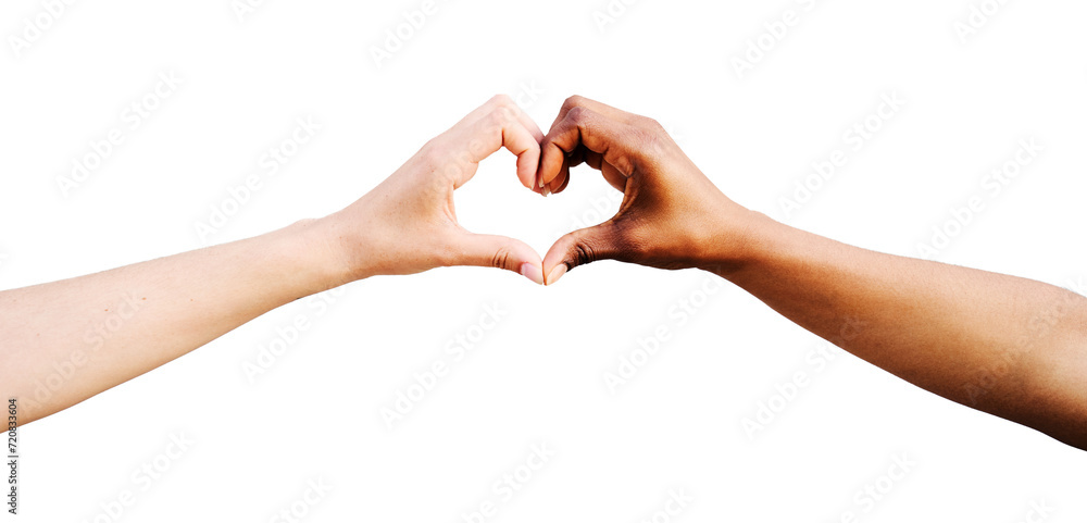 Portrait two multiracial arms joined together forming heart with hands ...