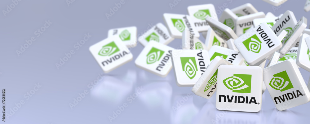 Nvidia company logos fall on a table. Banner format with copy space and ...