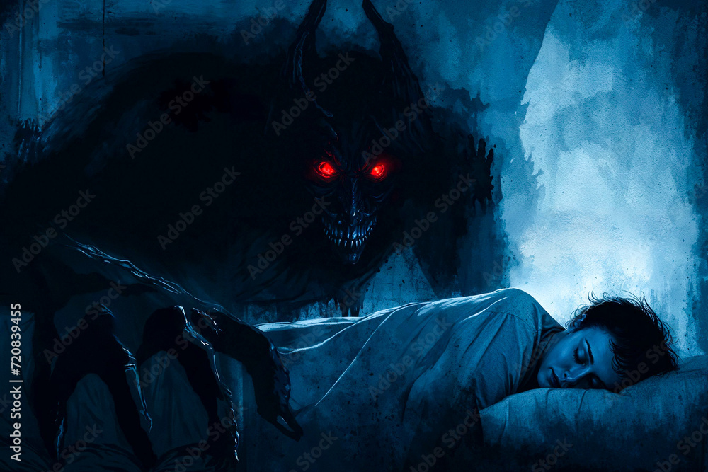Shadow person with glowing red eyes hovers over a sleeping person ...