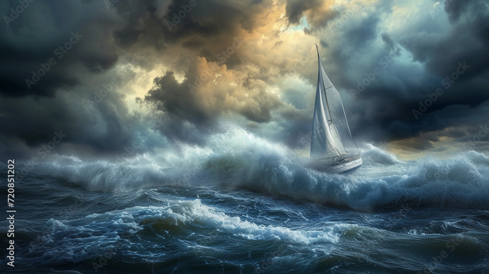 sailboat battling the rough waves, dramatic clouds, and intense wind ...