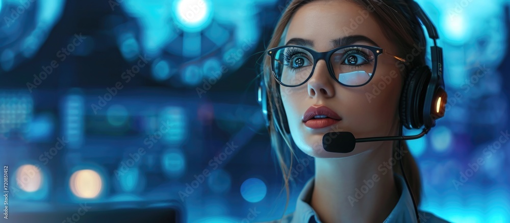 IT help desk, female with headset and glasses for questions on ...
