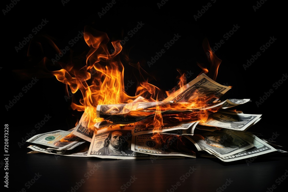 Burning dollar banknotes on black background. Financial crisis concept ...