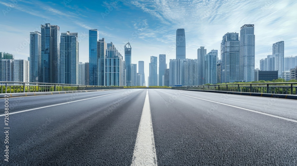 Asphalt highway road and pedestrian bridge with modern city buildings ...