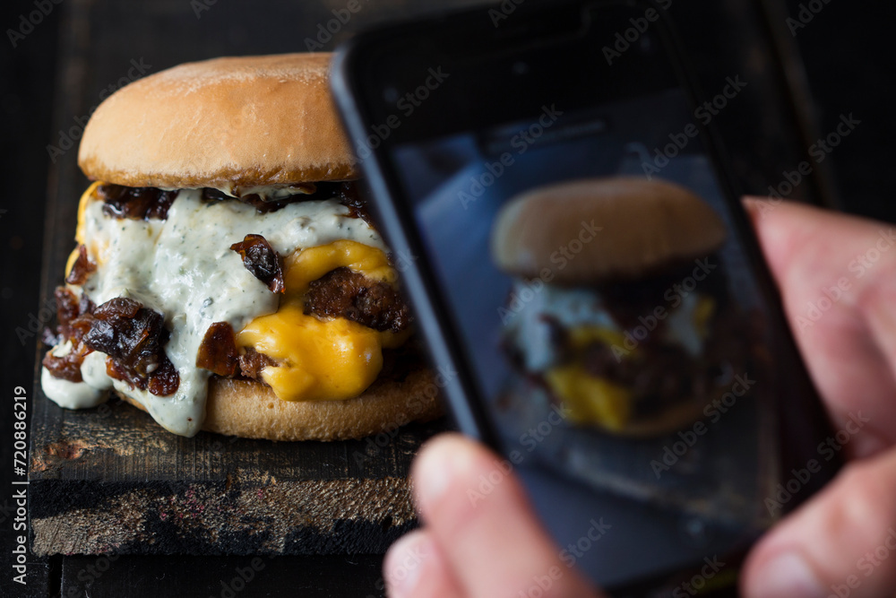 fast food, burger, brioche bun, cheddar cheese, red meat and ...