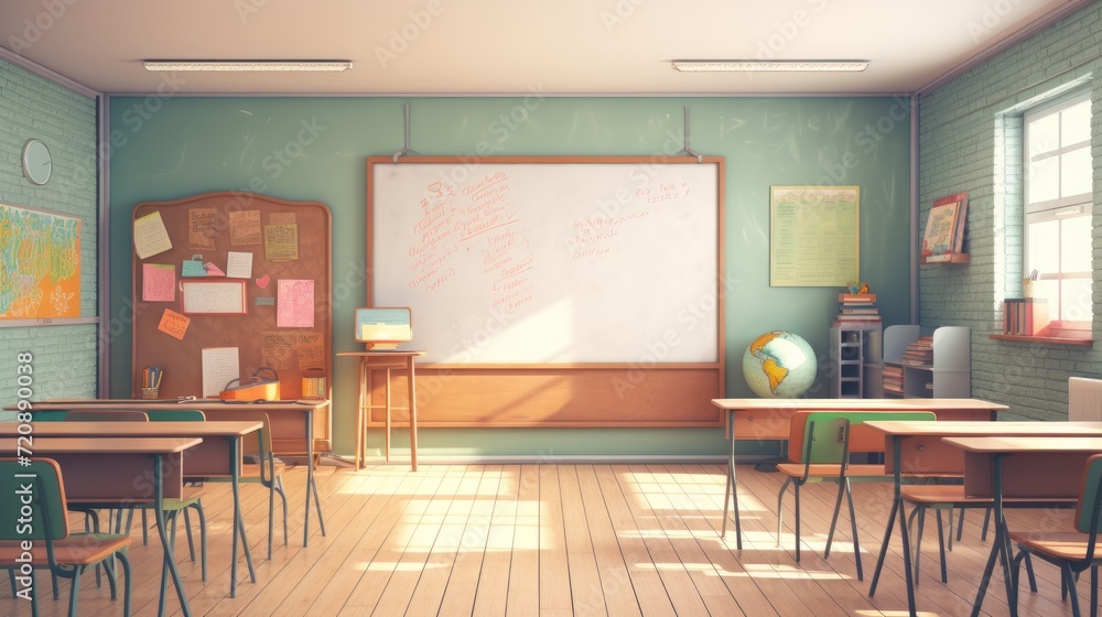 Bright and airy classroom setting with an empty chalkboard for ...