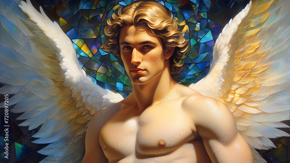 Handsome Angel, shirtless male angelic being, blond, intense stare ...
