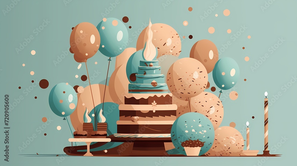 cute blue and brown birthday party illustration in flat simple 2D ...