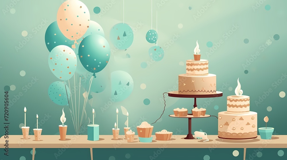 cute blue and brown birthday party illustration in flat simple 2D ...