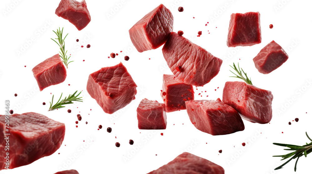 Falling diced beef meet, cubes of raw beef with rosemary isolated on ...