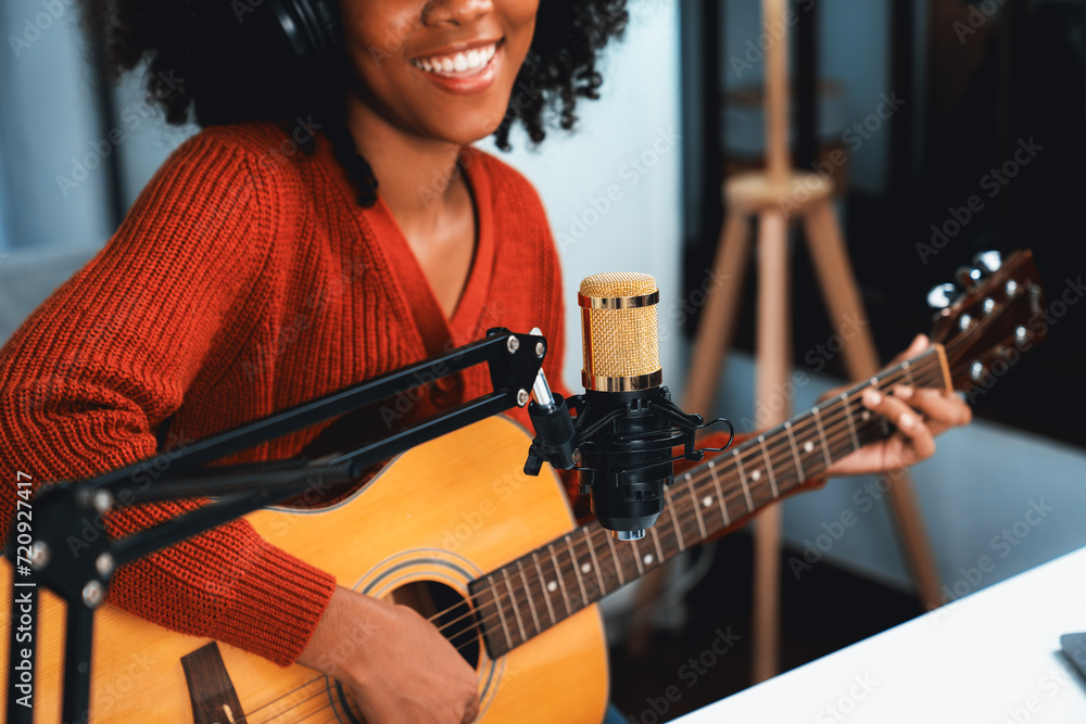 Portrait host channel of beautiful African woman influencer singing ...