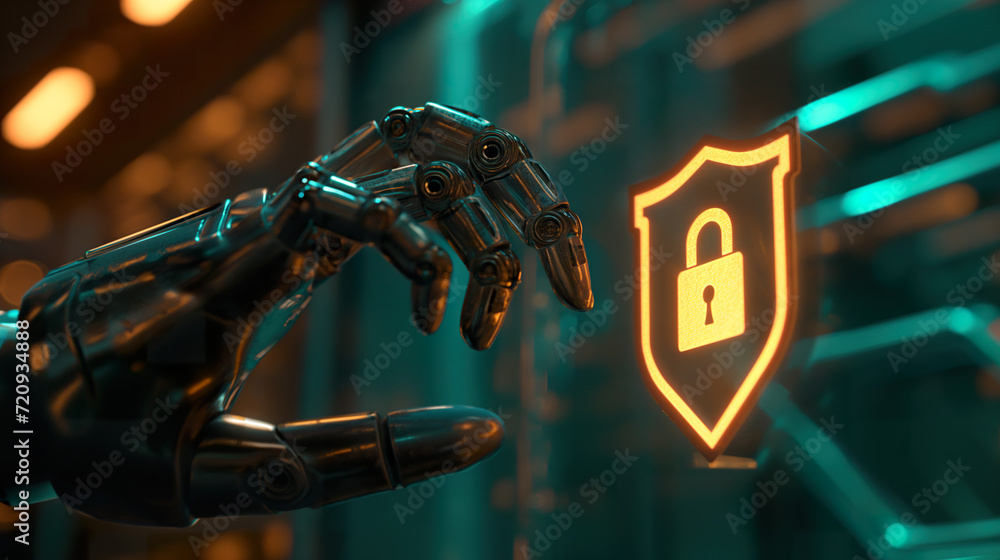 Cybersecurity forefront, robotic hand engages with virtual lock ...