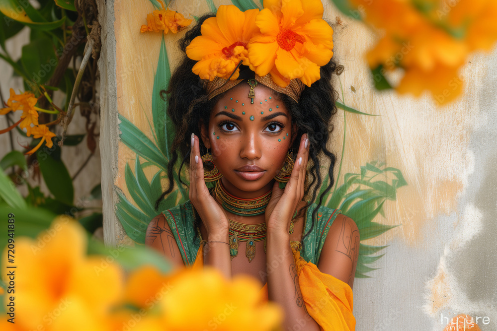 Portrait d'une femme africaine aux hibiscus, femme aux pouvoirs ...