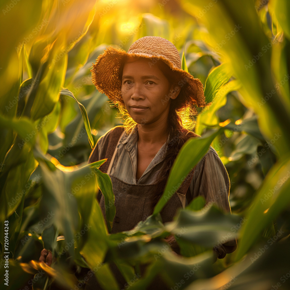 Attractive female farmer with a bright smile nurturing her maize field ...