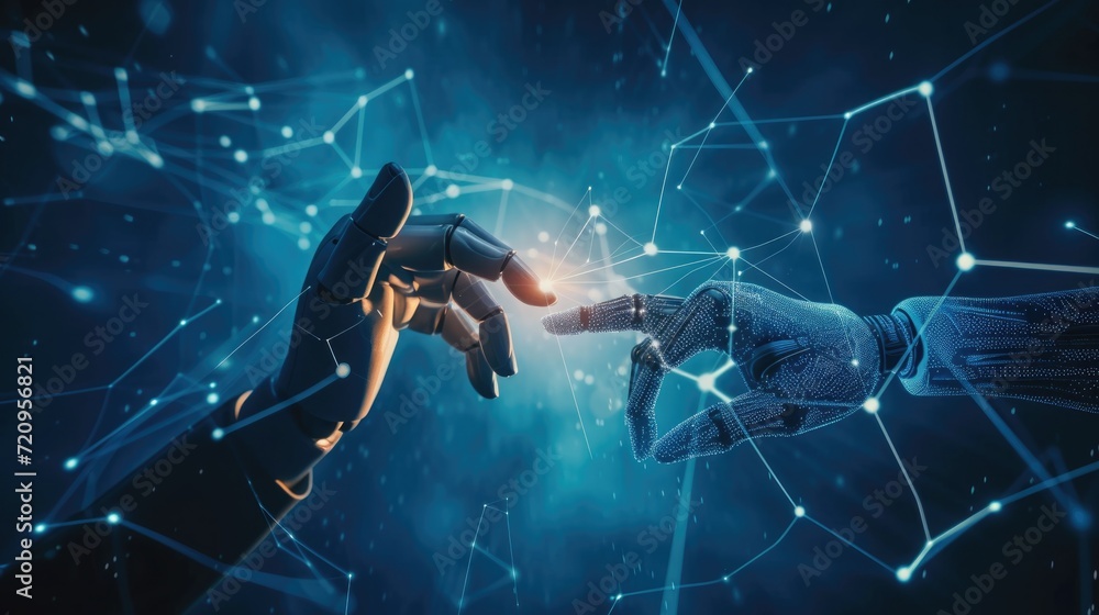 AI, Hands of robot and human touching on big data network connection ...