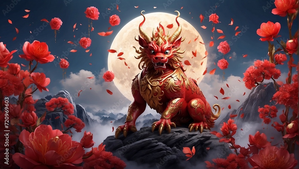 Illustration of a red lion on a mountain with a full moon in the ...