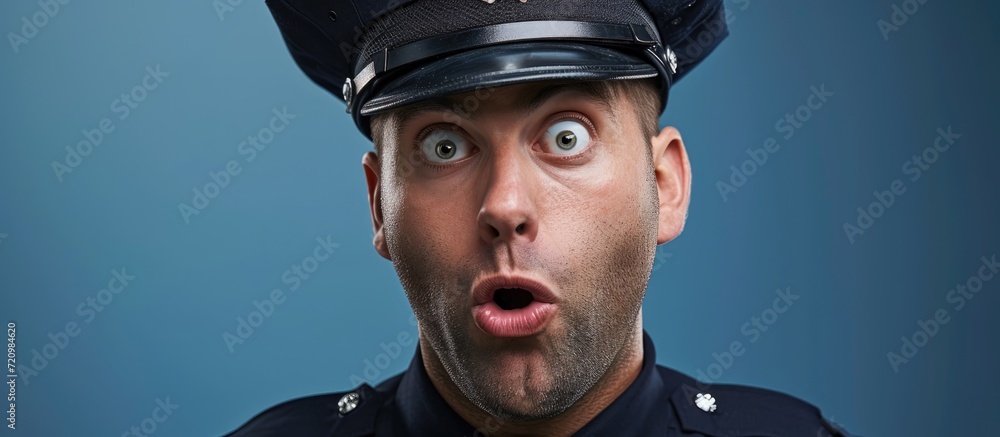 Surprised Police Officer With Skeptical And Sarcastic Expression Stock