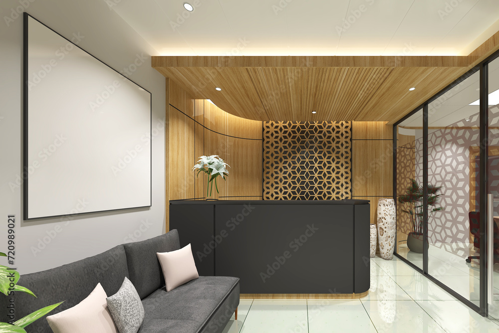 Receptionist with frame mock up on the wall. Design 3d rendering of ...