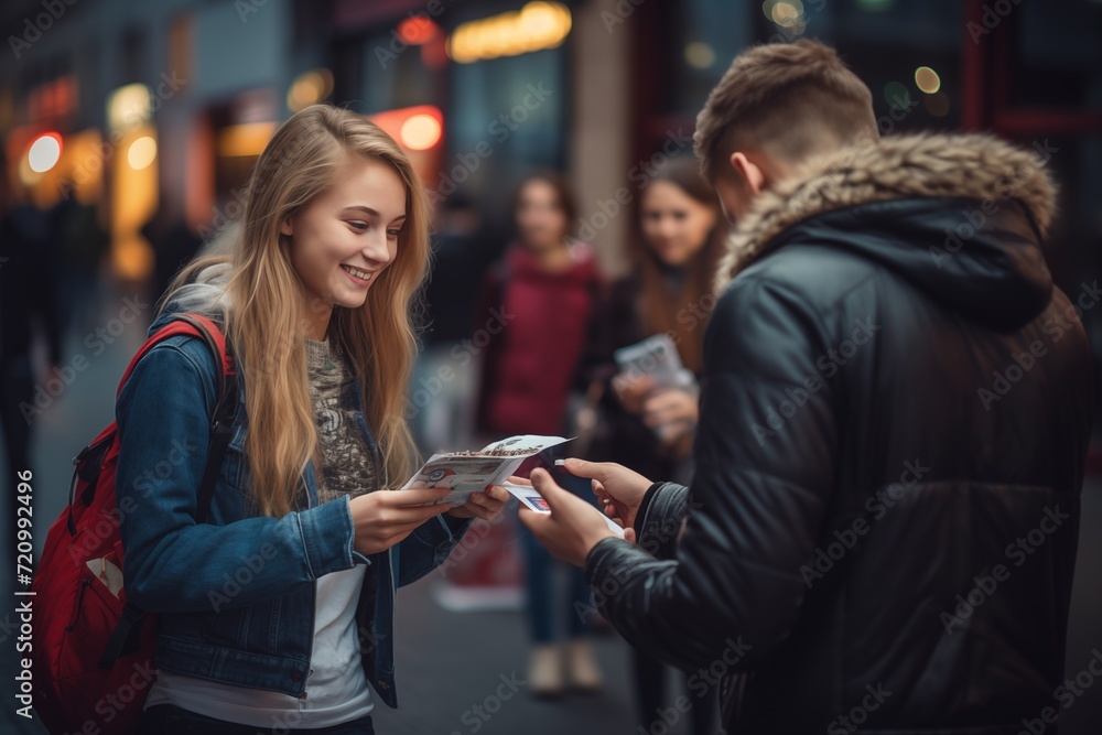 Person making distribution of advertising flyers in a street in the ...
