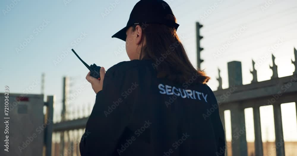 Security, radio and woman on patrol outdoor for inspection ...