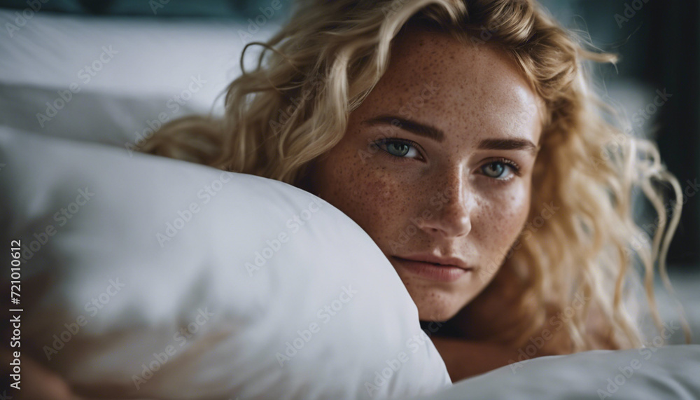 cinematic photo Extreme close-up, a woman with messy blonde hair is ...