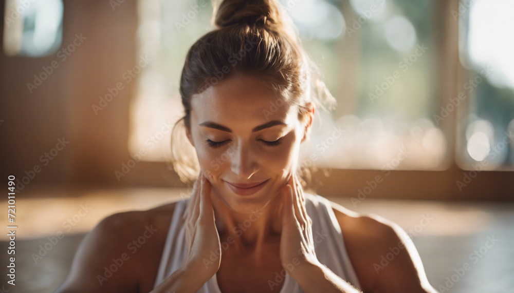 cinematic photo Extreme close-up, woman doing yoga, whitespace, smiling ...