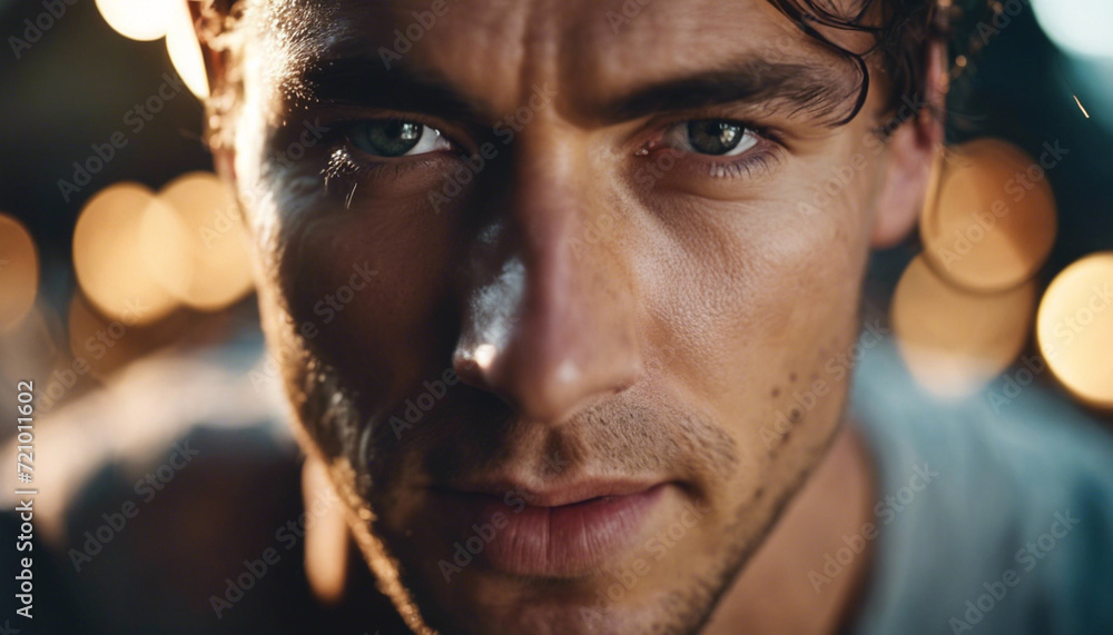 cinematic photo Extreme close-up, man's face sweating, whitespace ...