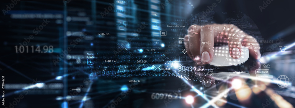 Data science, digital technology, internet global network concept. Computer programmer using ...