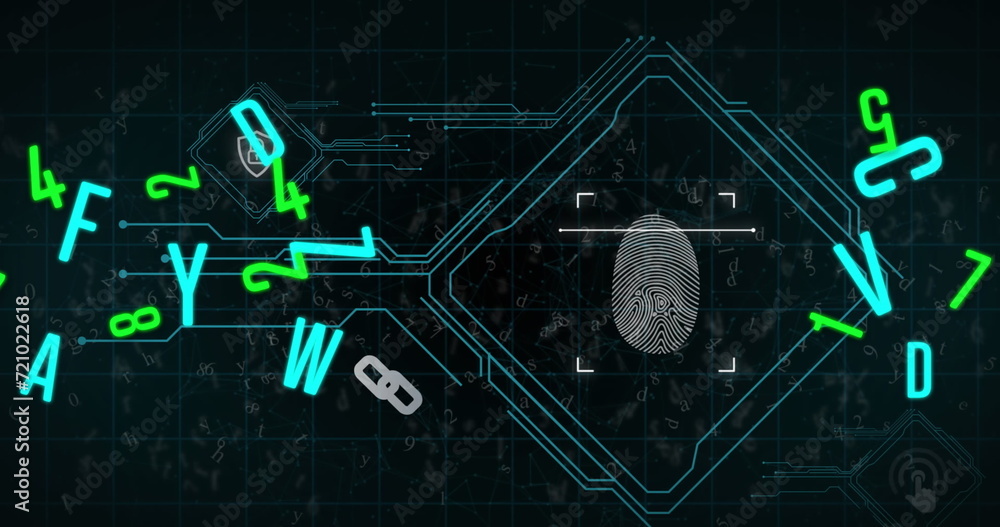 Image of biometric fingerprint, letters and numbers changing, scope ...
