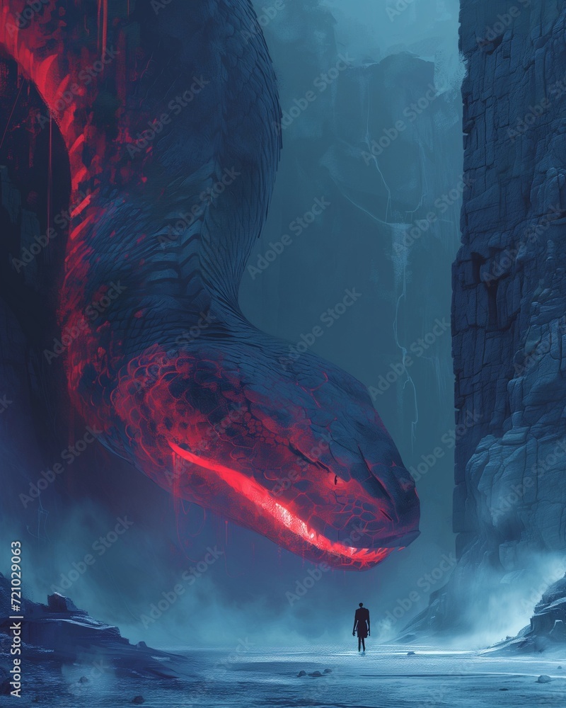 AI generated illustration of a man walking away from a massive snake ...