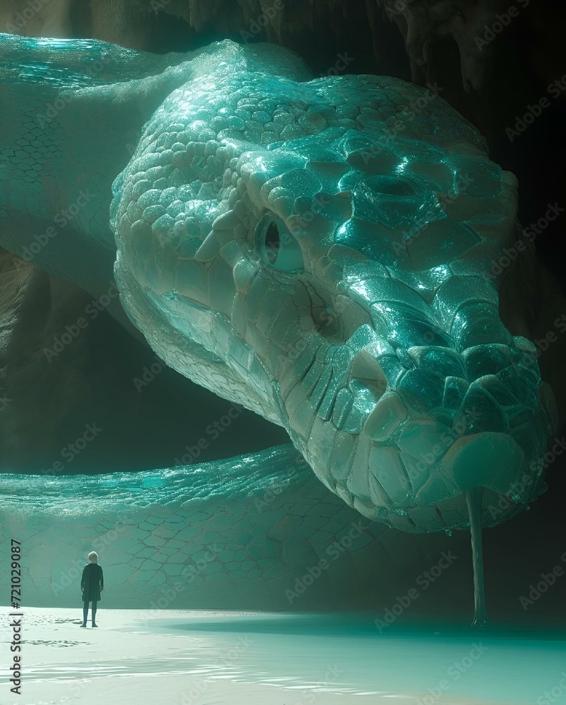 AI generated illustration of a man faces enormous snake with menacing ...