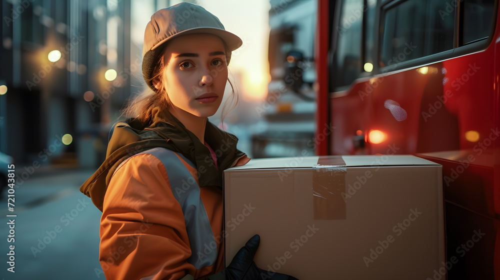 A young delivery woman presents an empty cardboard box standing next to ...
