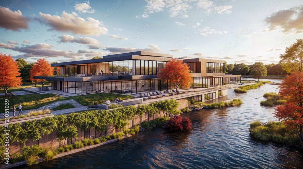 Modern luxury lakefront building complex with reflective glass facades ...