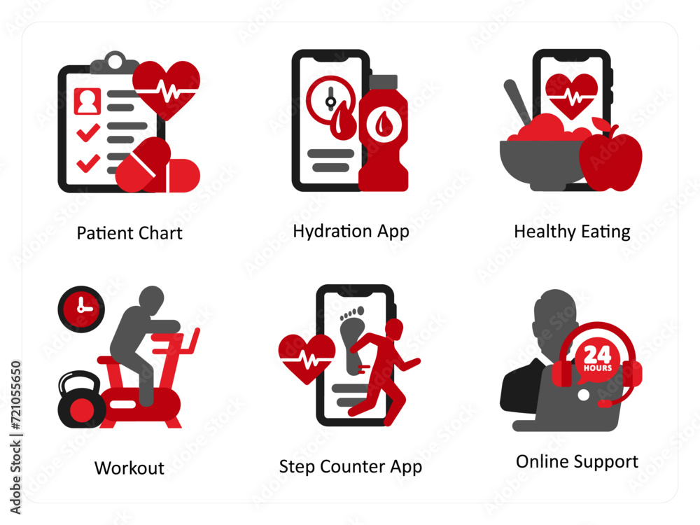 Six mix icons in red and black as patient chart, hydration app, healthy ...