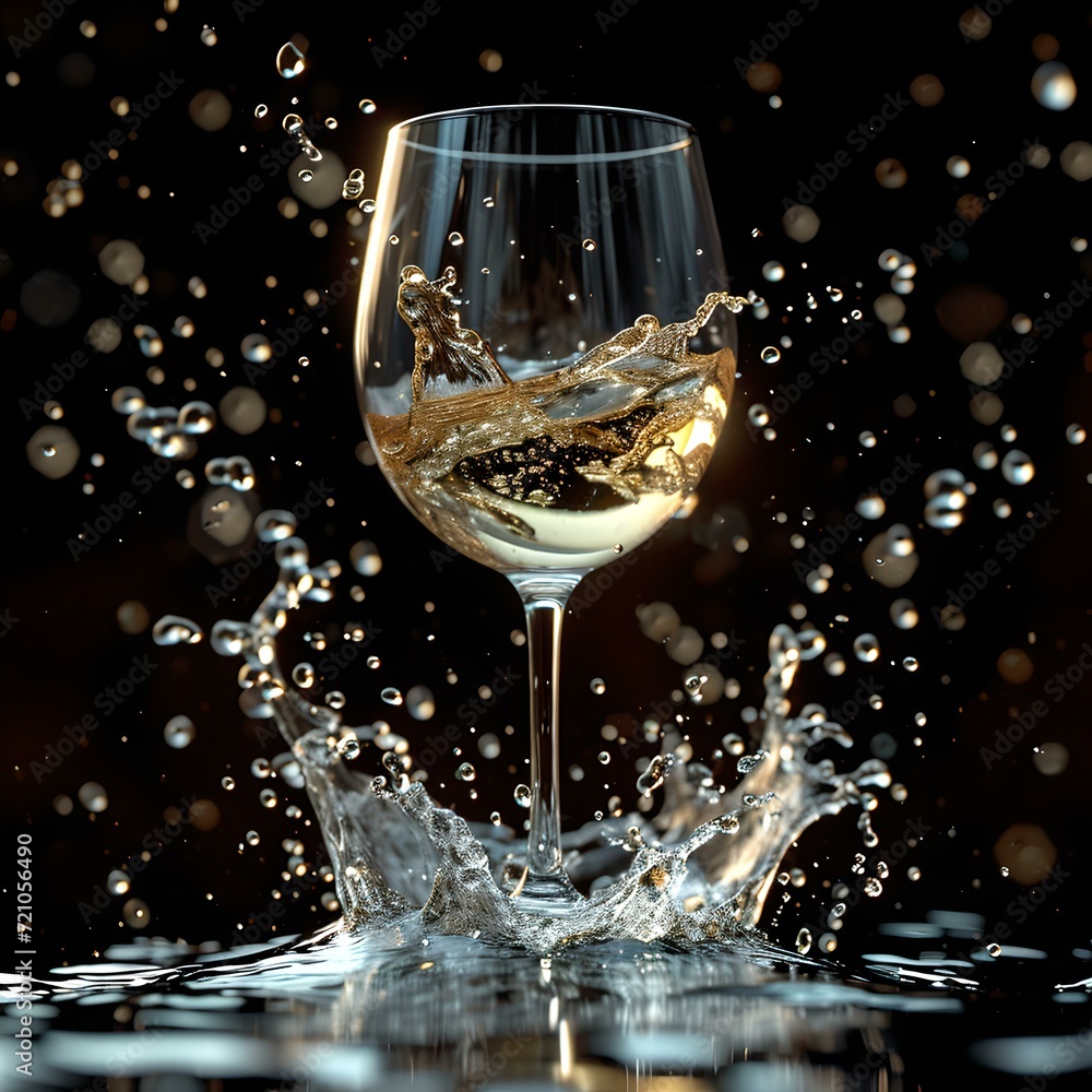 Sparkling wine splashing in glass on dark background. elegance in ...