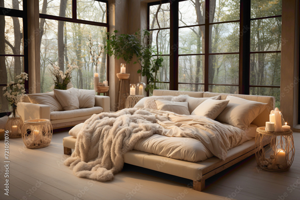 Nestle into the snug ambiance of a room enveloped in soft beige hues ...
