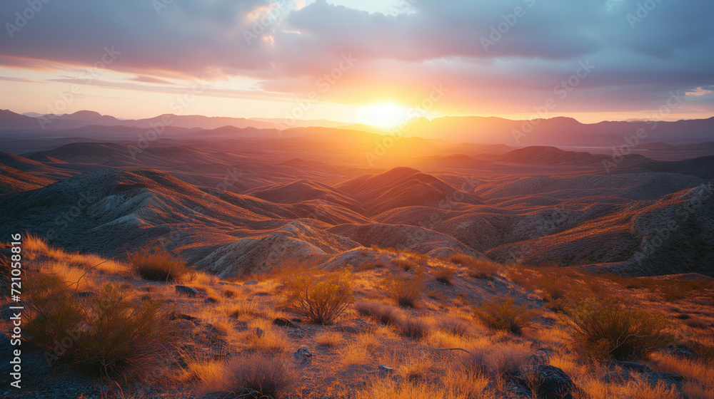 Desert Landscape at Golden Hour with Mountain Range - The sun sets ...