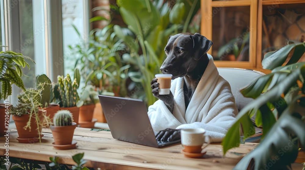Dog using computer. Doberman working on laptop at home office ...