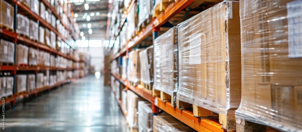 Warehouse storage for cargo shipment boxes on pallet racks, wrapped in ...
