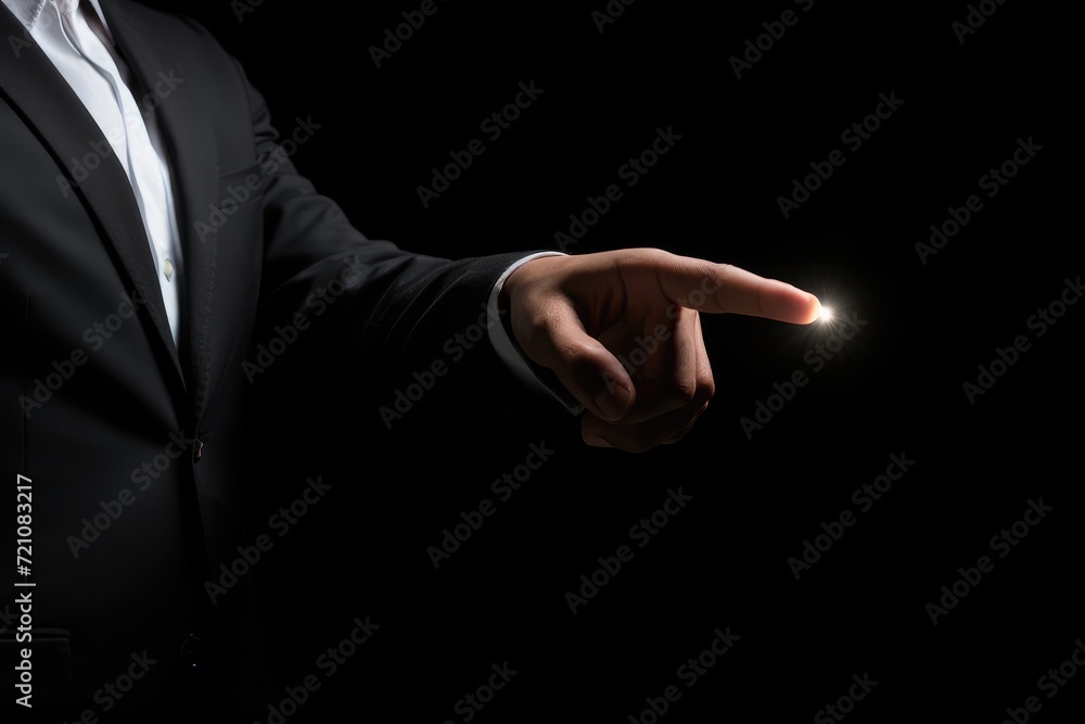 Businessman pointing finger at empty space, leaving room for ...